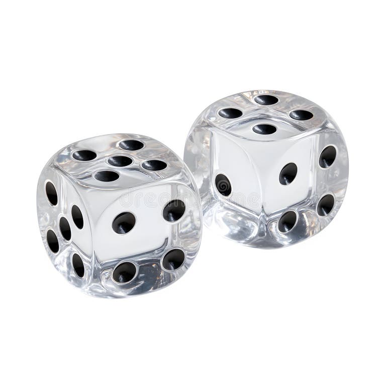 Two Clear Dice with Black Pips Casting Shadows on a White Background in ...