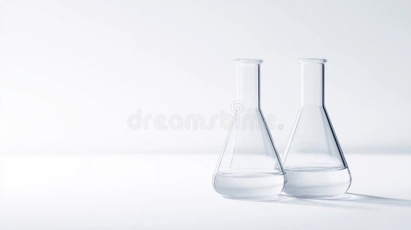 Two Clear Erlenmeyer Flasks with Transparent Liquid Stand on White ...