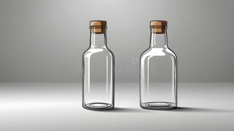 Two Clear Glass Bottles with Brown Caps on Gray Background Stock ...