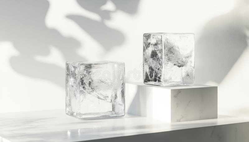 Clear Ice Blocks on a Marble Surface with Shadow Play in Soft Sunlight ...