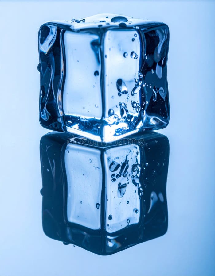 Two Clear Ice Cubes Stacked with Reflection on a Soft Light Blue ...