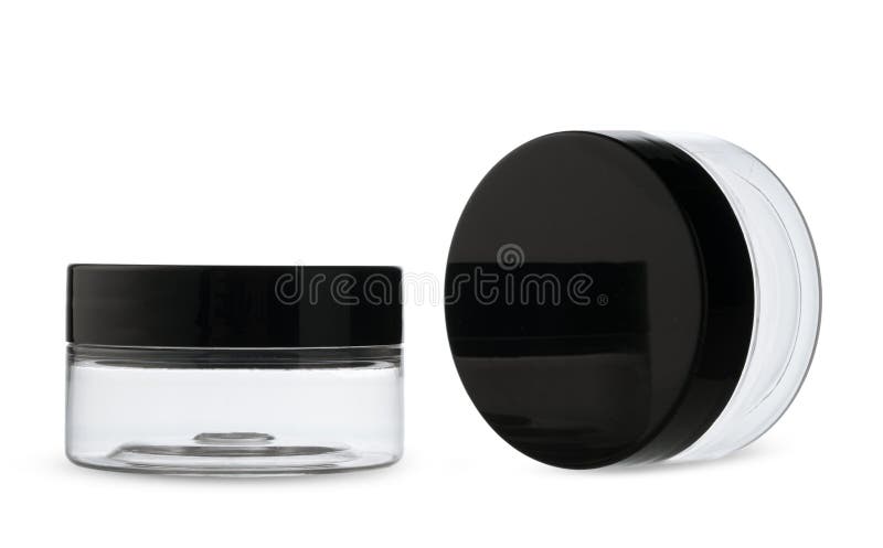 Two Clear Plastic Jars with Black Lids Stock Image - Image of mockup ...