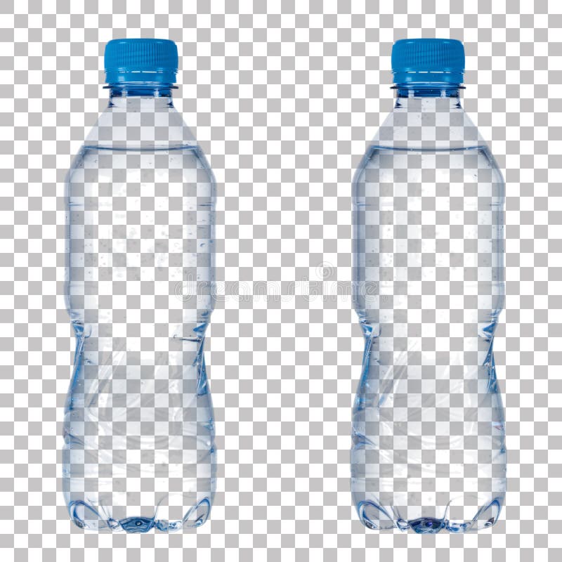 Two Clear Plastic Water Bottles with Blue Caps Against Transparent ...