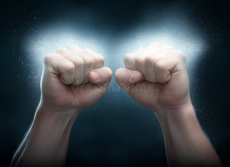 Hands Clenched in Fists Creating a Dust Cloud Against a Dark Background ...
