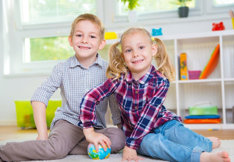 Two Clever Children Exploring Globe Stock Image - Image of clever ...