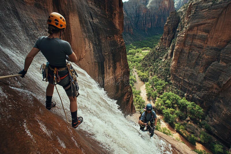 Two Climbers Rappelling Down a Waterfall in a Canyon Stock Illustration ...