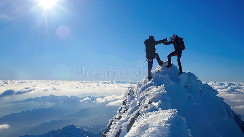 Two Climbers Reaching the Summit of a Snowy Mountain Stock Illustration ...