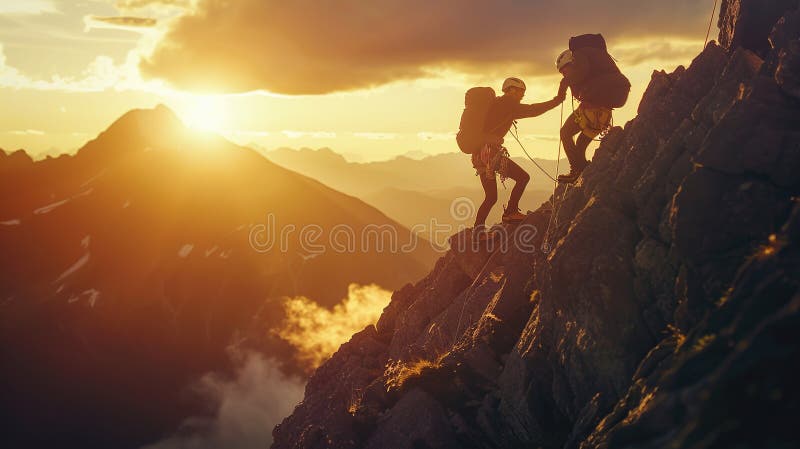Two Climbers Reaching the Summit at Sunset Stock Illustration ...