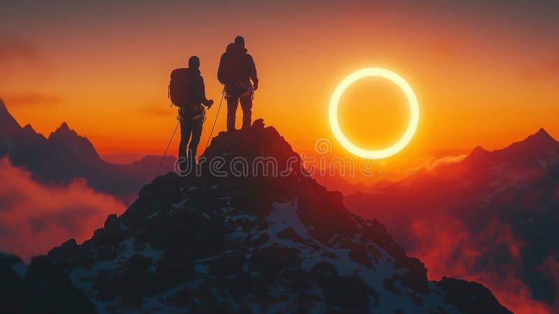 Climbers Admire a Stunning Sunset Eclipse from a Mountain Peak Stock ...