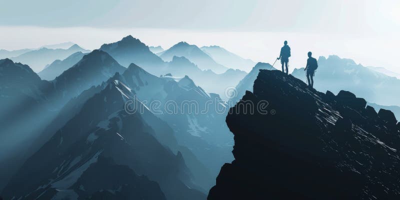 Two Climbers at the Summit Silhouetted Against the Sprawling Mountain ...