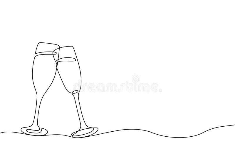 Two Clinking Champagne Glasses One Line Design Creative Sparkling Wine