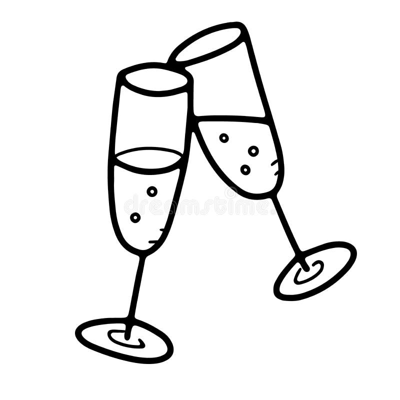 Two Clinking Festive Doodle Style Champagne Glasses Stock Vector
