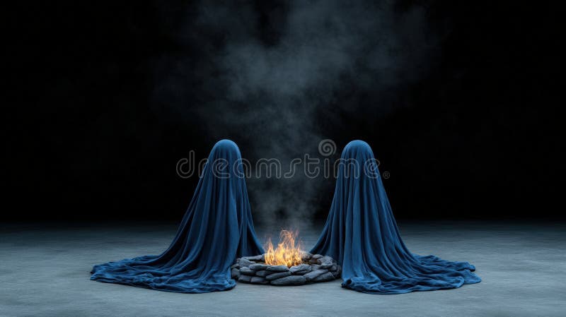 Two Cloaked Figures Sitting by a Mystical Fire in a Dark Atmospheric ...