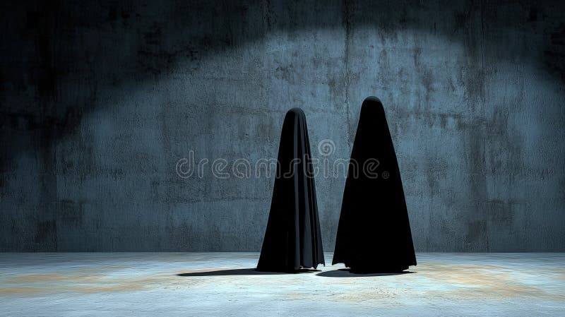 Two Cloaked Figures Stand Under Dramatic Lighting in a Dim Space Stock ...