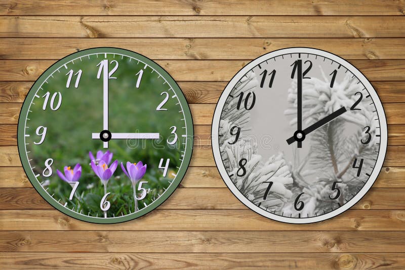 Two Clocks: One Represents Spring and Shows 03:00, the Other Represents ...