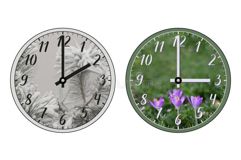 Two Clocks: One Represents Winter and Shows 02:00, the Other Represents ...