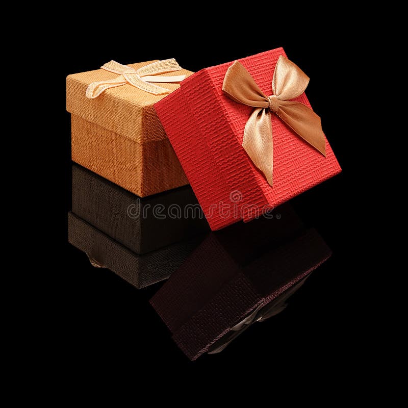 Two Closed Gift Boxes (yellow Gold Box with Mint Green Ribbon Bow and ...