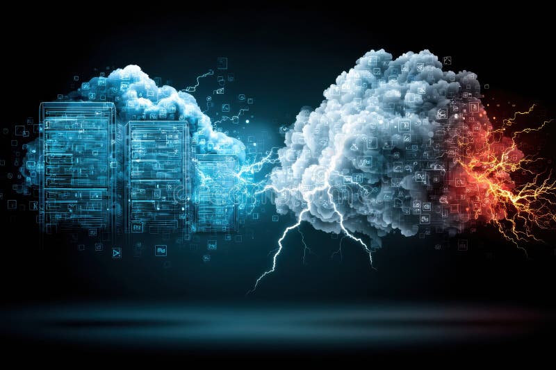 Clouds Shaped Like Tech Servers Clash with Lightning between Them in a ...