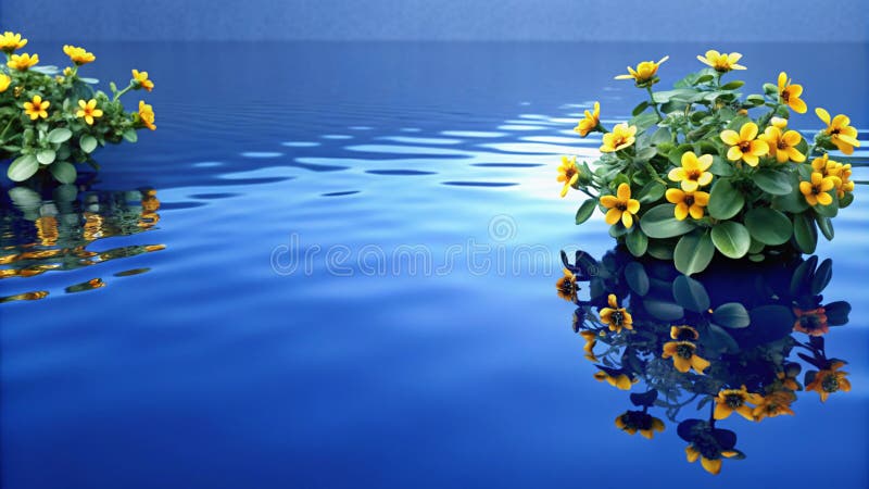 Two Clusters of Yellow Flowers Float on a Still Blue Water Surface ...