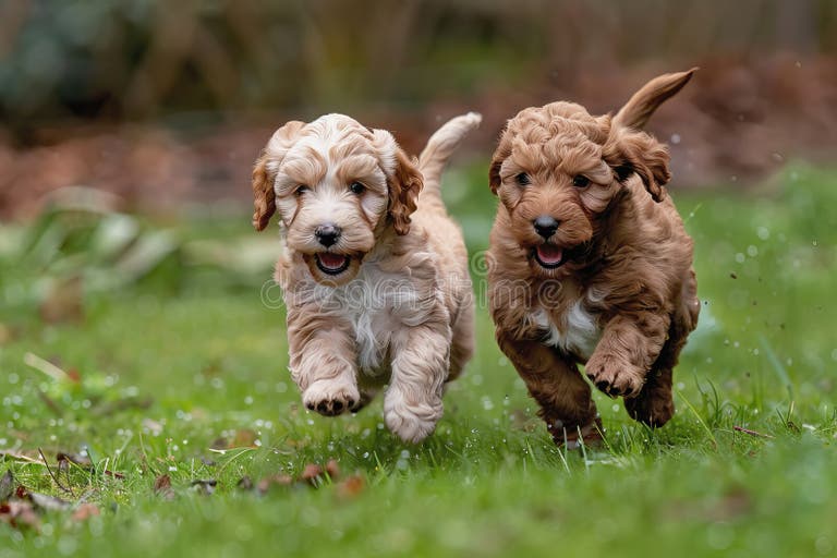Two Cockapoo or Cockerpoo Pups Running, AI Generated Stock Illustration ...