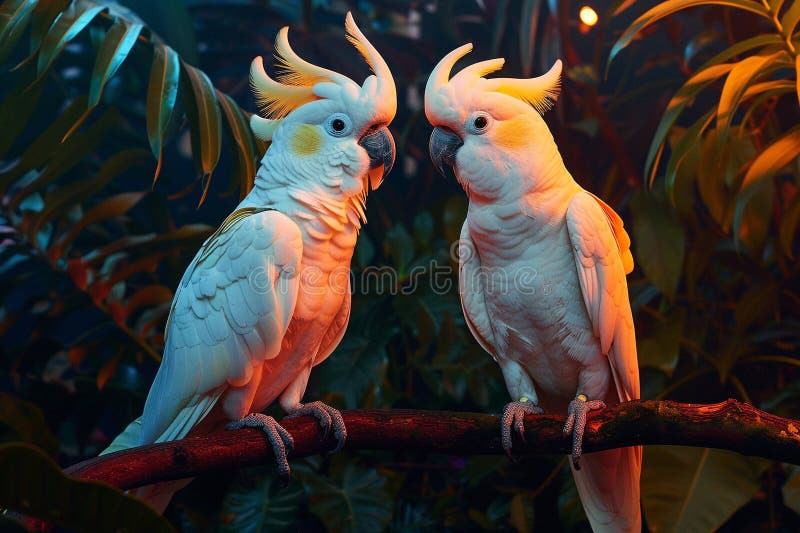 Two Cockatoos Perched on a Branch in a Tropical Setting Stock ...