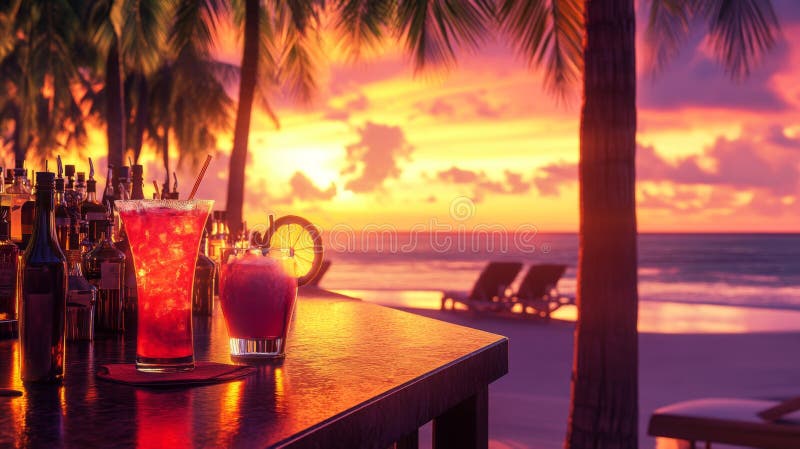 Two Cocktails on a Beach Bar Table at Sunset Stock Illustration ...