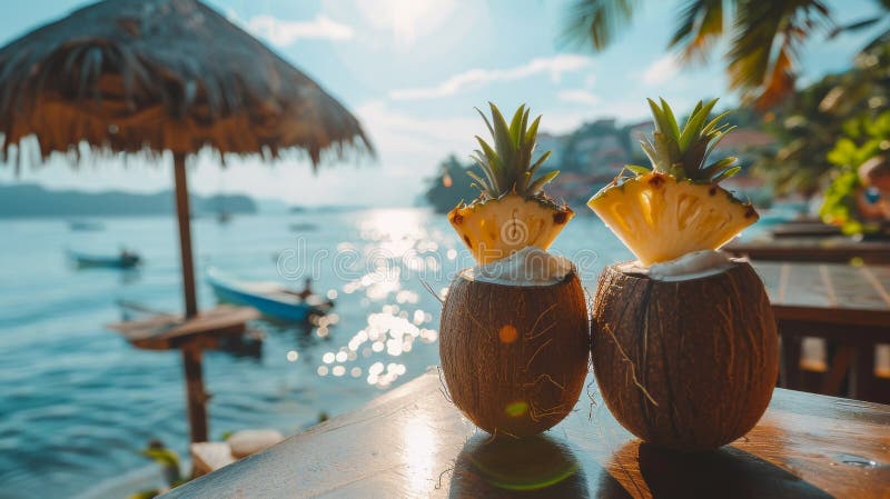 Two Coconut Drinks with Pineapples on Top of Them Sitting Next To a ...