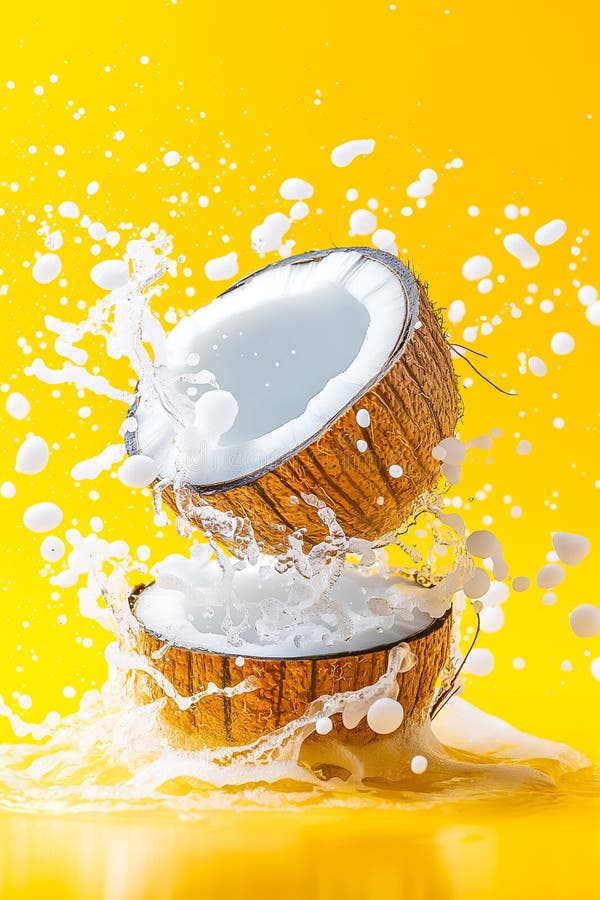 Two Coconut Halves Explode Open, Sending a Cascade of Fresh Coconut ...