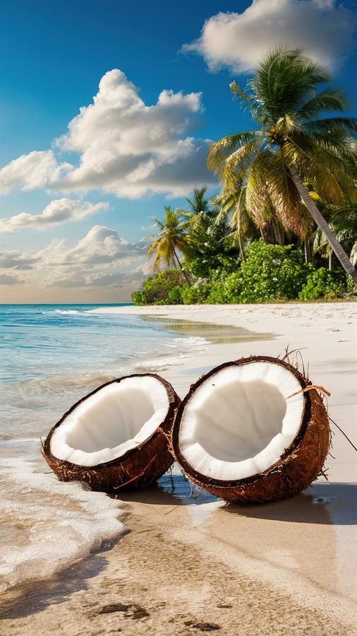 Two Coconuts are on the Beach, One of Which is Open Stock Illustration ...