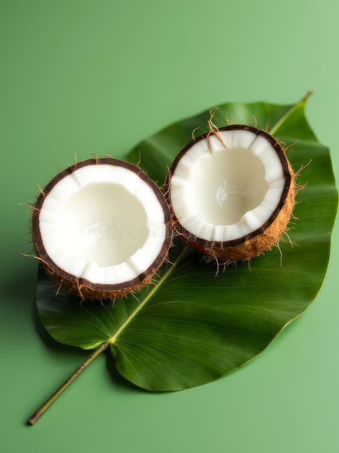 Two Coconuts Cut Half Placed Green Leaf Stock Photos - Free & Royalty ...