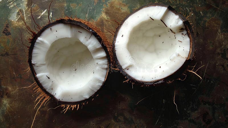 Two Coconuts are Cut Open and Laying on a Table Stock Photo - Image of ...
