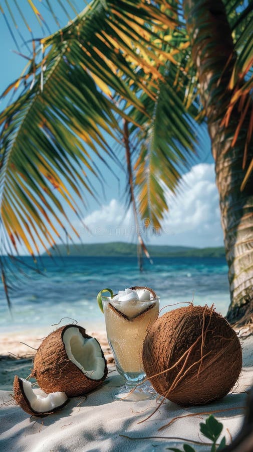 Two Coconuts and Drink on Beach Stock Image - Image of cocktail, escape ...