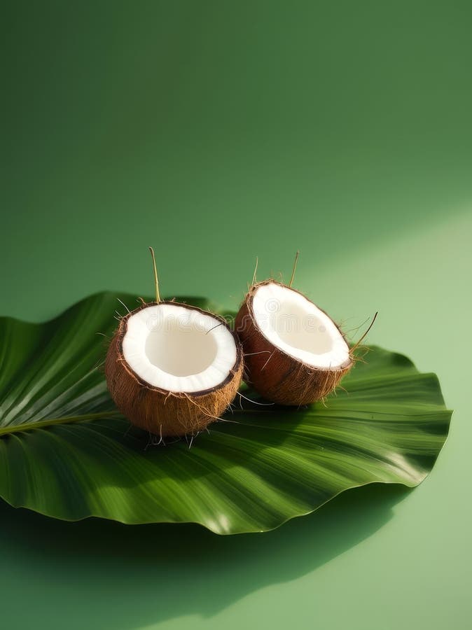 Two Coconuts are on a Green Leaf Stock Photo - Image of fruit, closeup ...