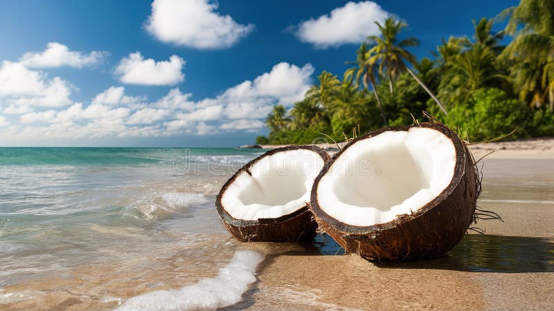 Two Coconuts are Laying on the Beach, One of Which is Cut in Half Stock ...