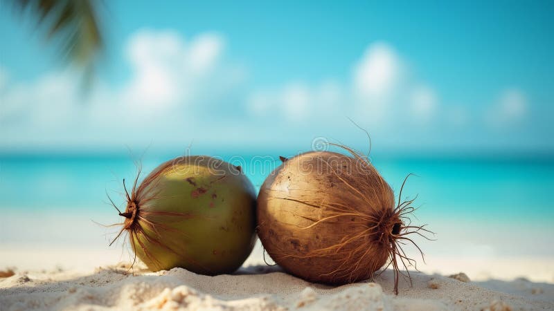 Two Coconuts Resting on Idyllic Tropical Beach, Turquoise Ocean and ...