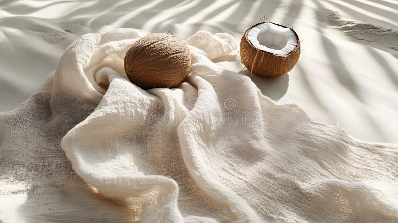 Two Coconuts on Textured Fabric Draped on White Sand with Palm Leaf ...