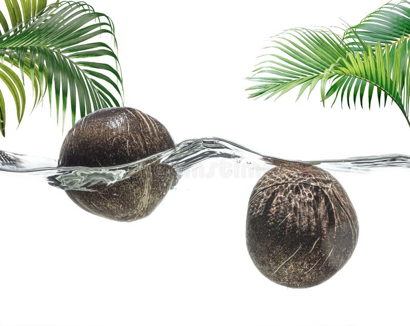 Coconuts Floating in the Tropical Sea on a Background of Palm Branches ...