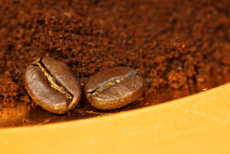 Two Coffee Beans and Ground Coffee Stock Image - Image of aromatic ...
