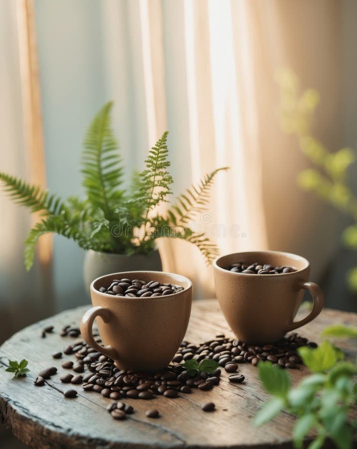Two Coffee Cups with Coffee Beans on Table Surrounded by Green Plants ...