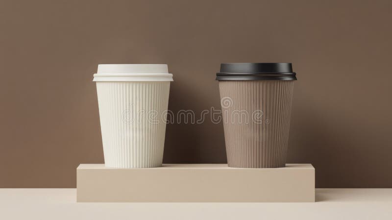 Two Coffee Cups on Beige Block Against Brown Background Stock ...