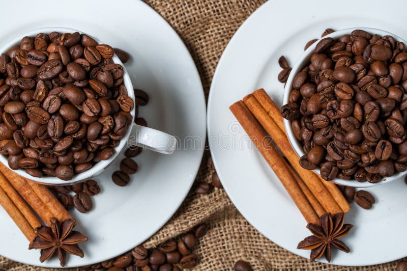 Two Coffee Cups with Coffee Beans, Aniseed and Cinnamon. Stock Image ...