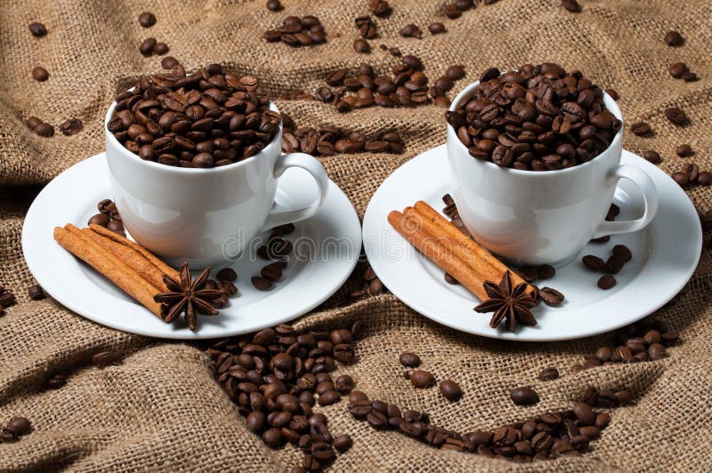 Two Coffee Cups with Coffee Beans, Aniseed and Cinnamon. Stock Image ...