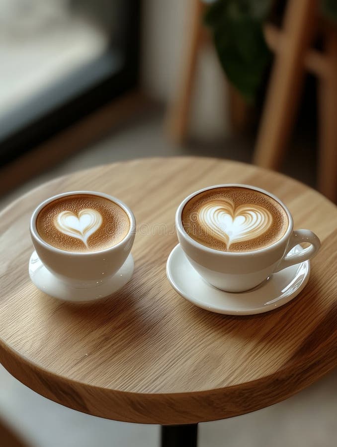 Two Coffee Cups with Latte Art are Positioned on a Wooden Board ...