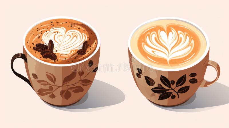 Two Coffee Cups with Latte Art on Them Stock Illustration ...
