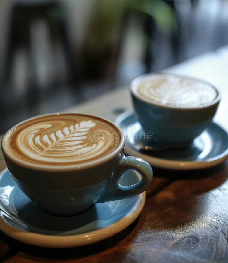 Two Coffee Cups with Latte Art on Top of Them Stock Illustration ...