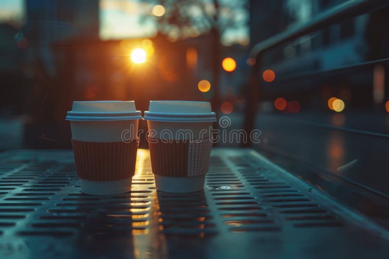 Two Coffee Cups on a Metal Table, Ready for Use Stock Image - Image of ...