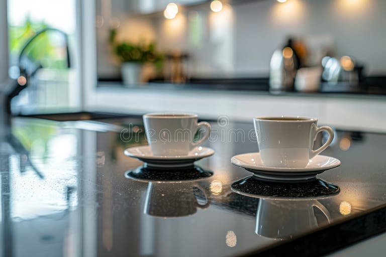 Two Coffee Cups on Reflective Kitchen Countertop. Stock Image - Image ...