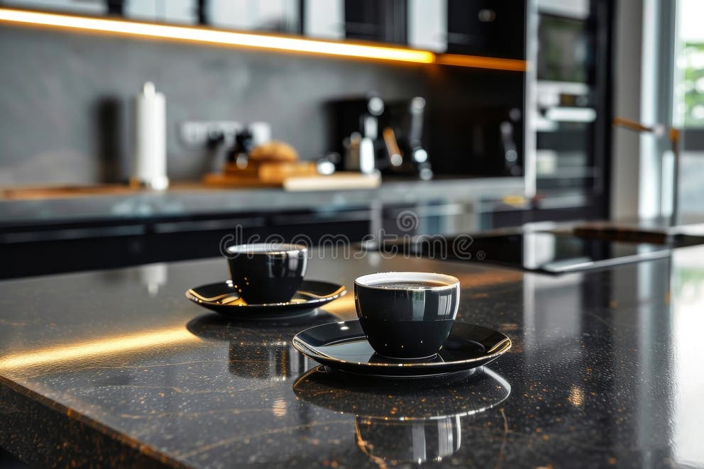 Two Coffee Cups on Reflective Kitchen Countertop. Stock Photo - Image ...