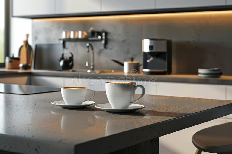 Two Coffee Cups on Reflective Kitchen Countertop. Stock Photo - Image ...