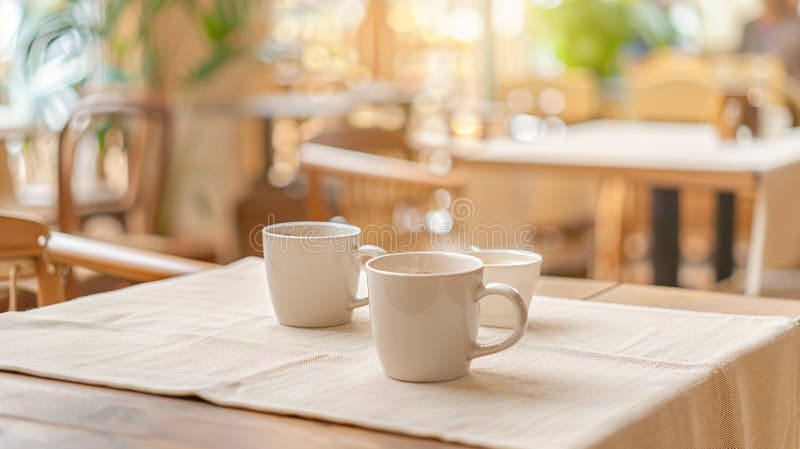 Two Coffee Cups Resting on a Wooden Table in Cafe Setting Stock Image ...
